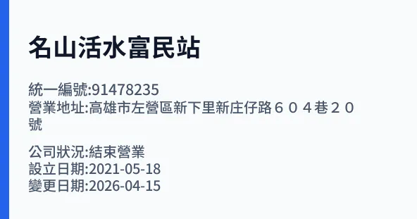 名山活水富民站的照片-統編 91478235(高雄市) 公司登記資料與營業項目詳細圖表
