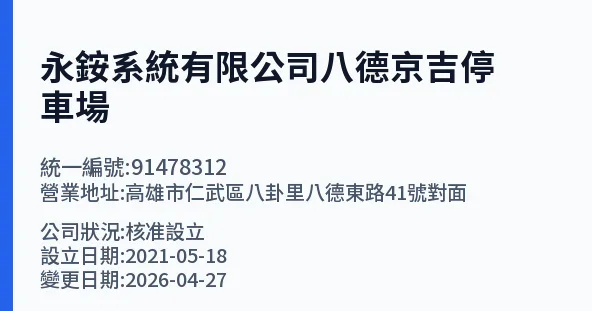 永銨系統有限公司八德京吉停車場的照片-統編 91478312(高雄市) 公司登記資料與營業項目詳細圖表