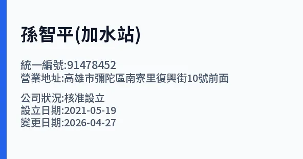 孫智平(加水站)的照片-統編 91478452(高雄市) 公司登記資料與營業項目詳細圖表