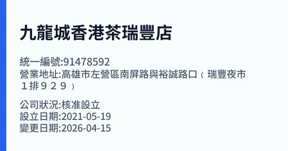 九龍城香港茶瑞豐店的照片-統編 91478592(高雄市) 公司登記資料與營業項目詳細圖表