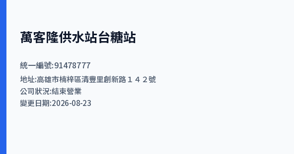 萬客隆供水站台糖站的照片-統編 91478777(高雄市) 公司登記資料與營業項目詳細圖表