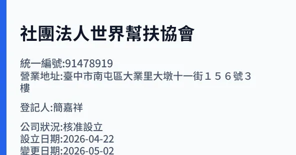 社團法人世界幫扶協會的照片-統編 91478919(臺中市) 公司登記資料與營業項目詳細圖表
