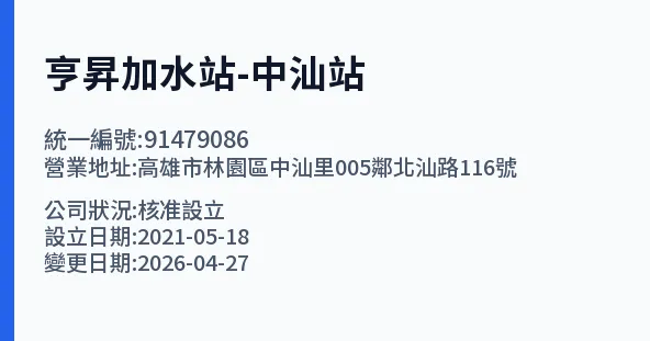 亨昇加水站-中汕站的照片-統編 91479086(高雄市) 公司登記資料與營業項目詳細圖表