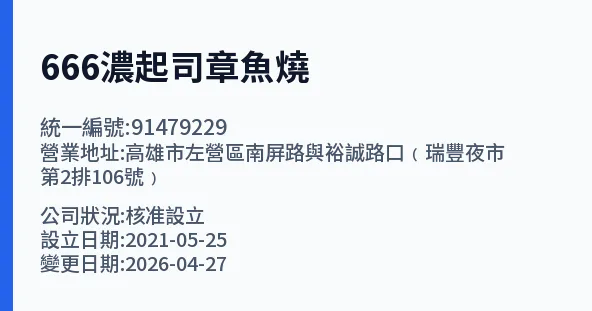 666濃起司章魚燒的照片-統編 91479229(高雄市) 公司登記資料與營業項目詳細圖表