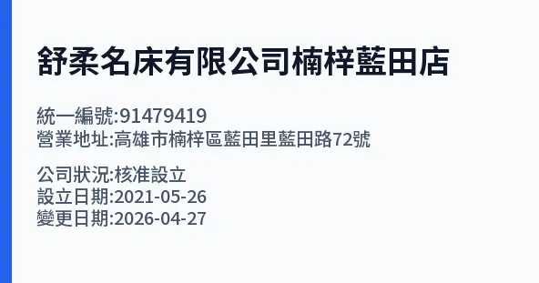 舒柔名床有限公司楠梓藍田店的照片-統編 91479419(高雄市) 公司登記資料與營業項目詳細圖表