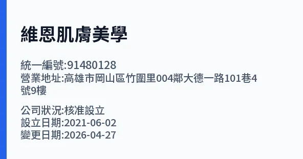 維恩肌膚美學的照片-統編 91480128(高雄市) 公司登記資料與營業項目詳細圖表