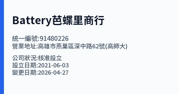 Battery芭蝶里商行的照片-統編 91480226(高雄市) 公司登記資料與營業項目詳細圖表