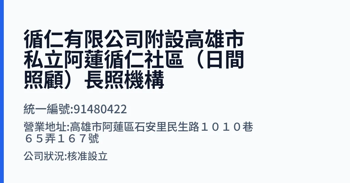 循仁有限公司附設高雄市私立阿蓮循仁社區（日間照顧）長照機構 - 統編 91480422(高雄市) 公司登記資料與營業項目詳細圖表