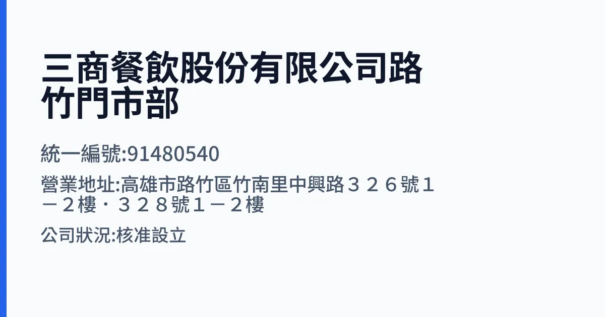 三商餐飲股份有限公司路竹門市部 - 統編 91480540(高雄市) 公司登記資料與營業項目詳細圖表