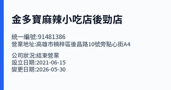 金多寶麻辣小吃店後勁店的照片-統編 91481386(高雄市) 公司登記資料與營業項目詳細圖表