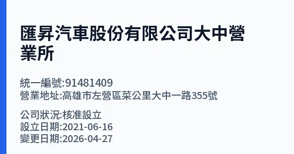 匯昇汽車股份有限公司大中營業所的照片-統編 91481409(高雄市) 公司登記資料與營業項目詳細圖表