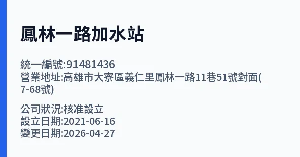 鳳林一路加水站的照片-統編 91481436(高雄市) 公司登記資料與營業項目詳細圖表