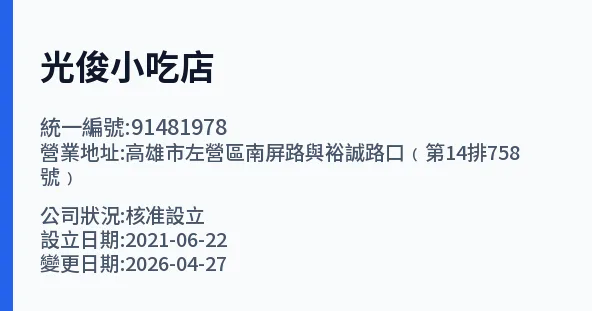 光俊小吃店的照片-統編 91481978(高雄市) 公司登記資料與營業項目詳細圖表