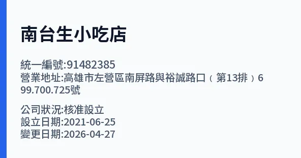 南台生小吃店的照片-統編 91482385(高雄市) 公司登記資料與營業項目詳細圖表