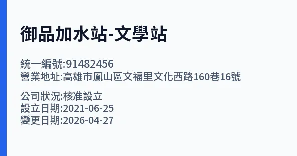 御品加水站-文學站的照片-統編 91482456(高雄市) 公司登記資料與營業項目詳細圖表