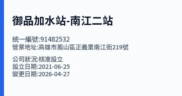 御品加水站-南江二站的照片-統編 91482532(高雄市) 公司登記資料與營業項目詳細圖表