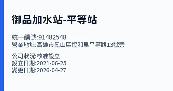 御品加水站-平等站的照片-統編 91482548(高雄市) 公司登記資料與營業項目詳細圖表