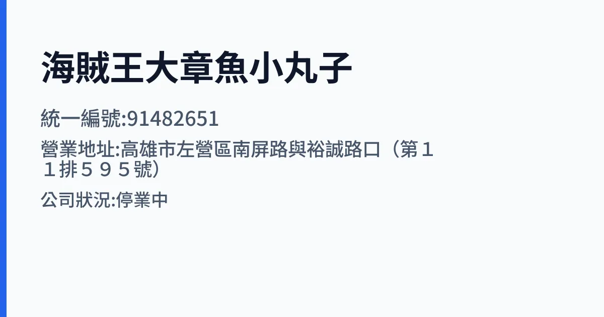 海賊王大章魚小丸子 - 統編 91482651(高雄市) 公司登記資料與營業項目詳細圖表