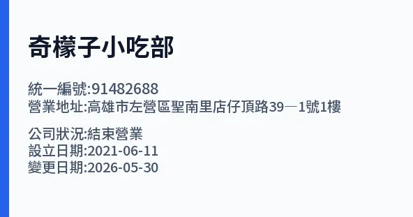 奇檬子小吃部的照片-統編 91482688(高雄市) 公司登記資料與營業項目詳細圖表