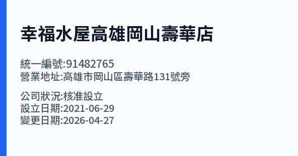 幸福水屋高雄岡山壽華店的照片-統編 91482765(高雄市) 公司登記資料與營業項目詳細圖表