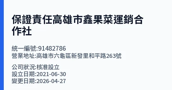 保證責任高雄市鑫果菜運銷合作社的照片-統編 91482786(高雄市) 公司登記資料與營業項目詳細圖表