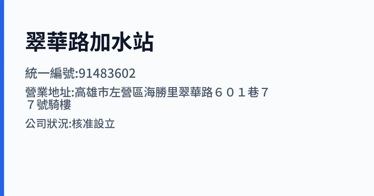 翠華路加水站 - 統編 91483602(高雄市) 公司登記資料與營業項目詳細圖表