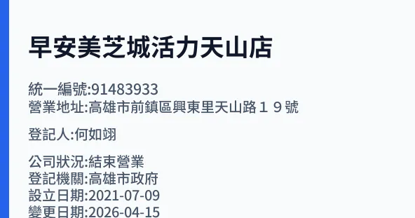 早安美芝城活力天山店的照片-統編 91483933(高雄市) 公司登記資料與營業項目詳細圖表