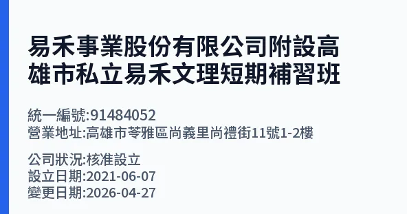 易禾事業股份有限公司附設高雄市私立易禾文理短期補習班的照片-統編 91484052(高雄市) 公司登記資料與營業項目詳細圖表