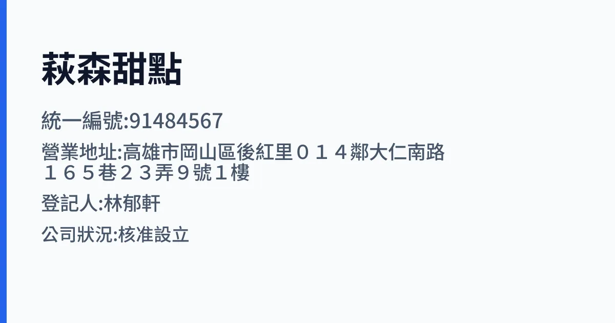萩森甜點 - 統編 91484567(高雄市) 公司登記資料與營業項目詳細圖表