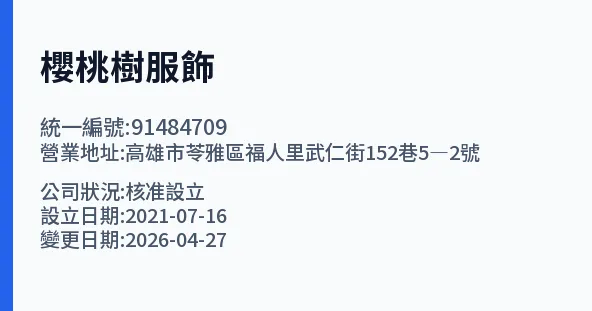 櫻桃樹服飾的照片-統編 91484709(高雄市) 公司登記資料與營業項目詳細圖表