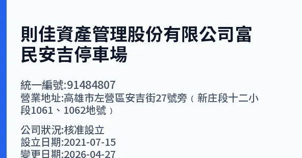 則佳資產管理股份有限公司富民安吉停車場的照片-統編 91484807(高雄市) 公司登記資料與營業項目詳細圖表