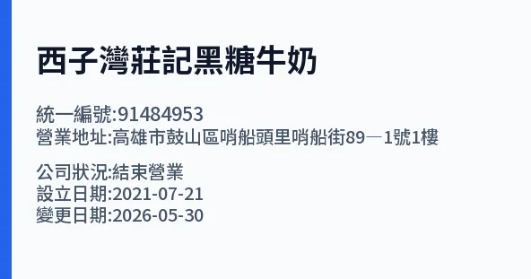 西子灣莊記黑糖牛奶的照片-統編 91484953(高雄市) 公司登記資料與營業項目詳細圖表
