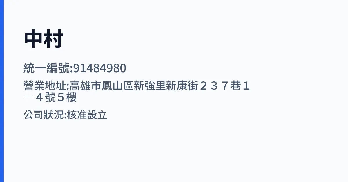 中村 - 統編 91484980(高雄市) 公司登記資料與營業項目詳細圖表