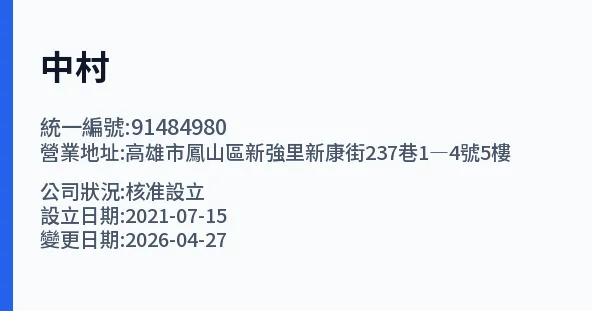 中村的照片-統編 91484980(高雄市) 公司登記資料與營業項目詳細圖表