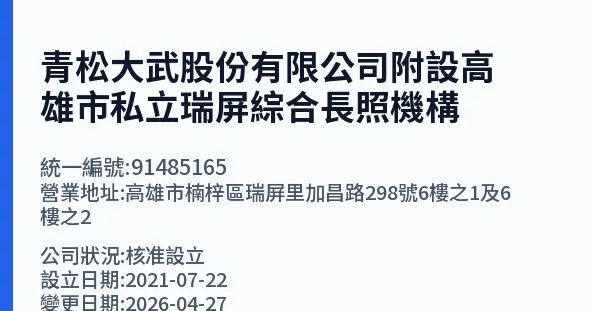 青松大武股份有限公司附設高雄市私立瑞屏綜合長照機構的照片-統編 91485165(高雄市) 公司登記資料與營業項目詳細圖表