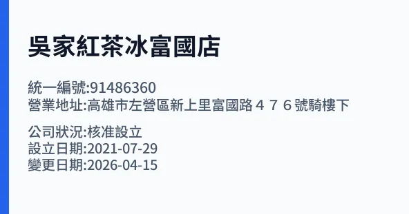 吳家紅茶冰富國店的照片-統編 91486360(高雄市) 公司登記資料與營業項目詳細圖表