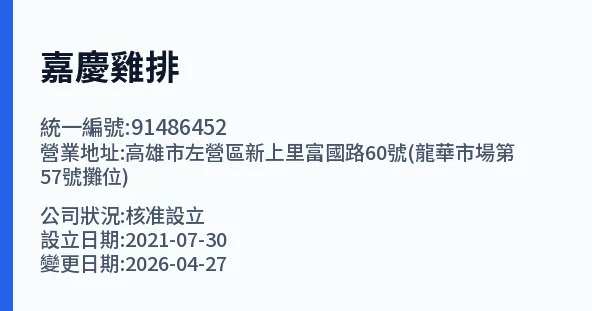 嘉慶雞排的照片-統編 91486452(高雄市) 公司登記資料與營業項目詳細圖表