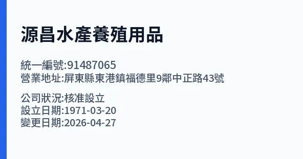 源昌水產養殖用品的照片-統編 91487065(屏東縣) 公司登記資料與營業項目詳細圖表