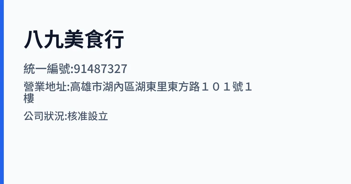 八九美食行 - 統編 91487327(高雄市) 公司登記資料與營業項目詳細圖表
