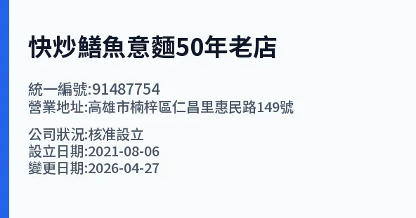 快炒鱔魚意麵50年老店的照片-統編 91487754(高雄市) 公司登記資料與營業項目詳細圖表
