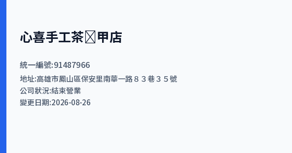 心喜手工茶鳯甲店的照片-統編 91487966(高雄市) 公司登記資料與營業項目詳細圖表