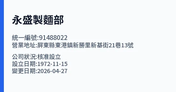 永盛製麵部的照片-統編 91488022(屏東縣) 公司登記資料與營業項目詳細圖表