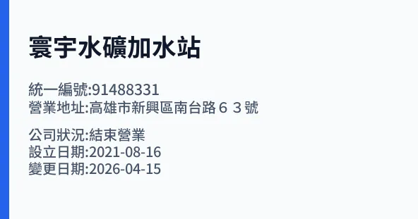 寰宇水礦加水站的照片-統編 91488331(高雄市) 公司登記資料與營業項目詳細圖表