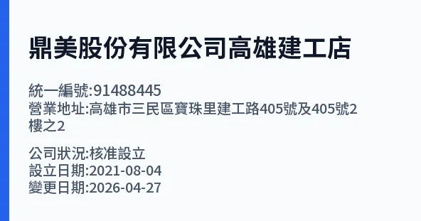 鼎美股份有限公司高雄建工店的照片-統編 91488445(高雄市) 公司登記資料與營業項目詳細圖表