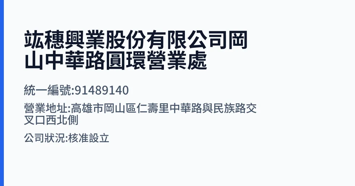 竑穗興業股份有限公司岡山中華路圓環營業處 - 統編 91489140(高雄市) 公司登記資料與營業項目詳細圖表
