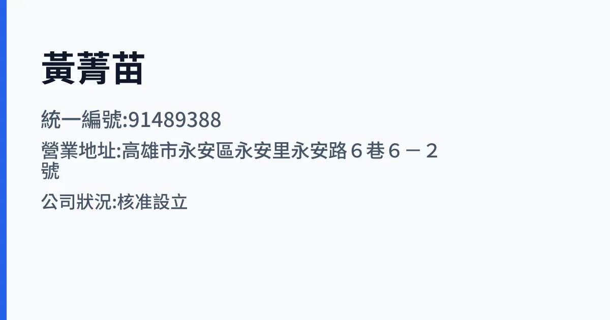 黃菁苗 - 統編 91489388（高雄市） 公司登記資料與營業項目詳細圖表