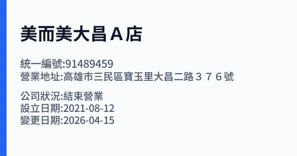 美而美大昌Ａ店的照片-統編 91489459(高雄市) 公司登記資料與營業項目詳細圖表