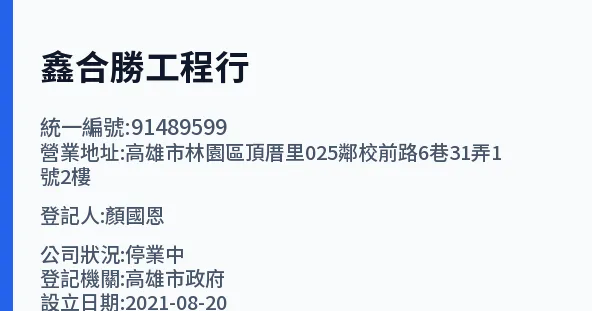 鑫合勝工程行的照片-統編 91489599(高雄市) 公司登記資料與營業項目詳細圖表