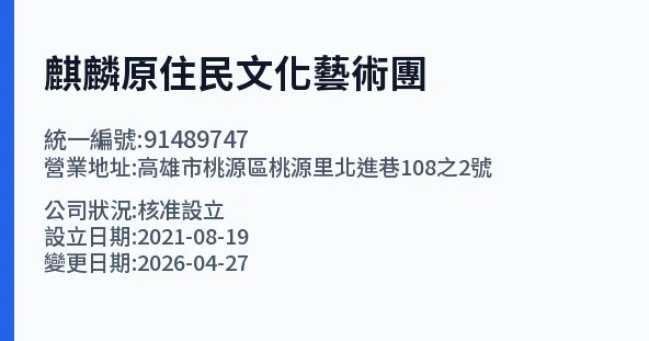 麒麟原住民文化藝術團的照片-統編 91489747(高雄市) 公司登記資料與營業項目詳細圖表