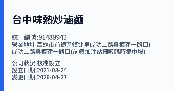 台中味熱炒滷麵的照片-統編 91489943(高雄市) 公司登記資料與營業項目詳細圖表